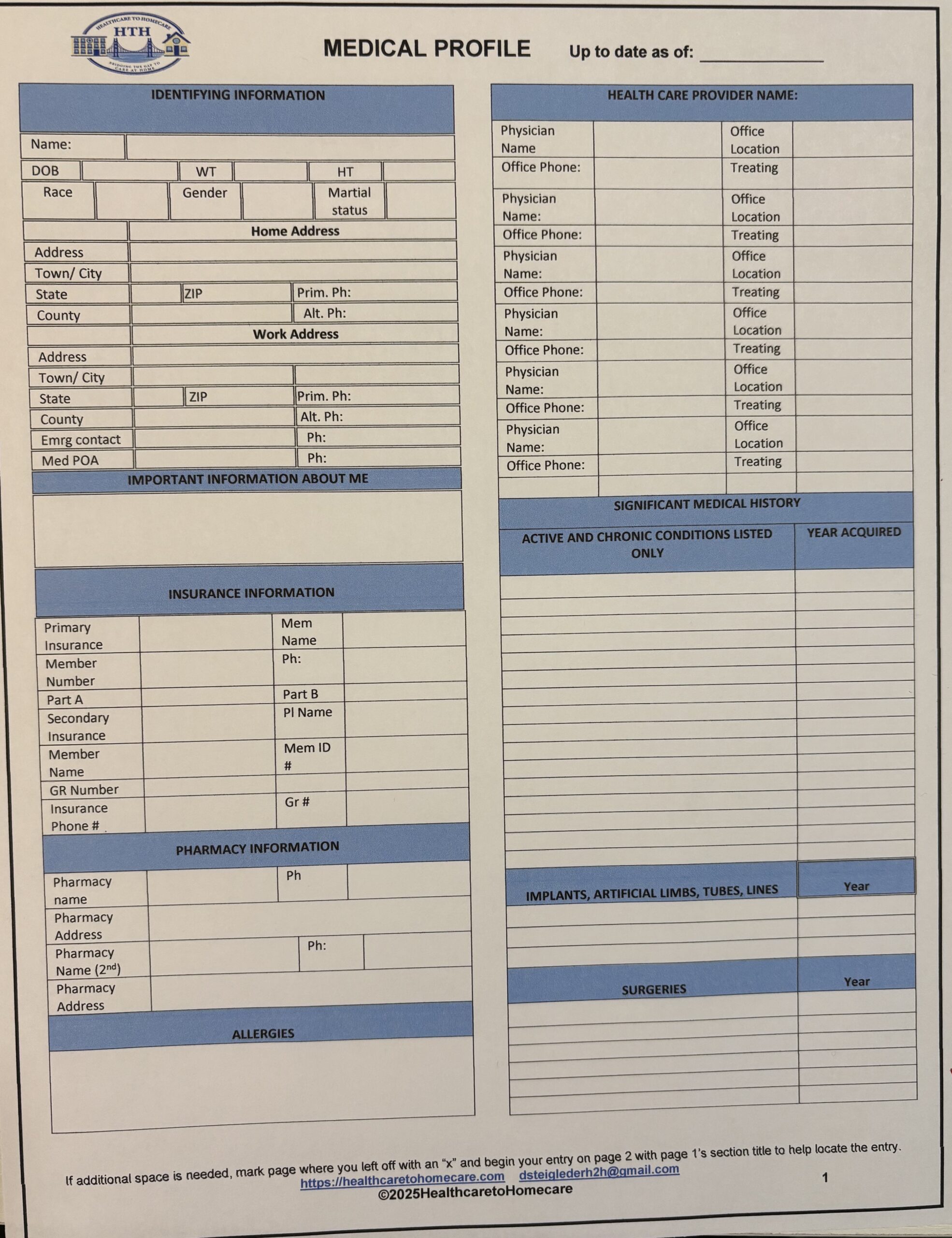 Medical Profile Form | Healthcare to Homecare